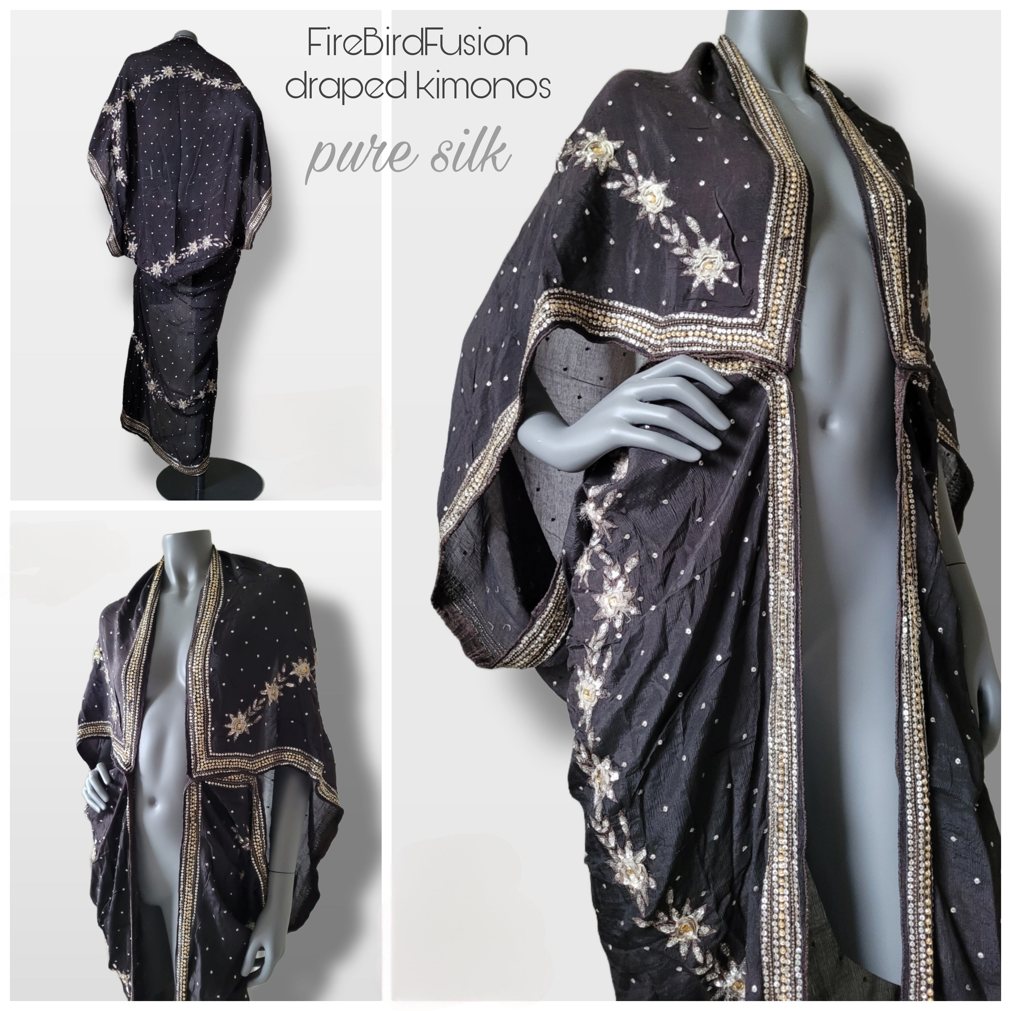 Luxurious draped kimono in pure silk, black with golden trims and flor ...